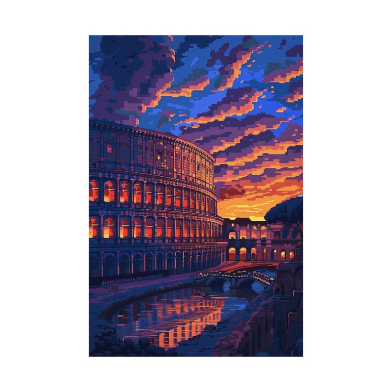 Pixel Art Colosseum at Sunset Poster Majestic Roman Amphitheater Art ...