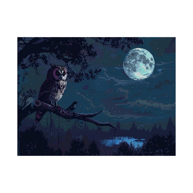 Pixel Owl Under Full Moon Poster Tranquil Night Sky Art Poster - Etsy