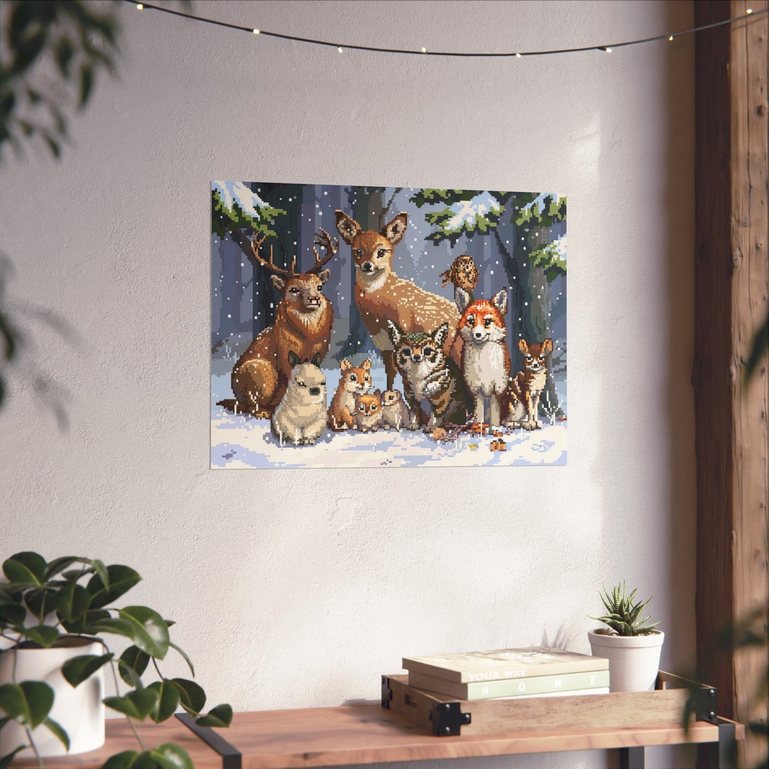 Pixel Forest Wildlife in Winter Poster Retro 8-bit Deer and Fox Family ...