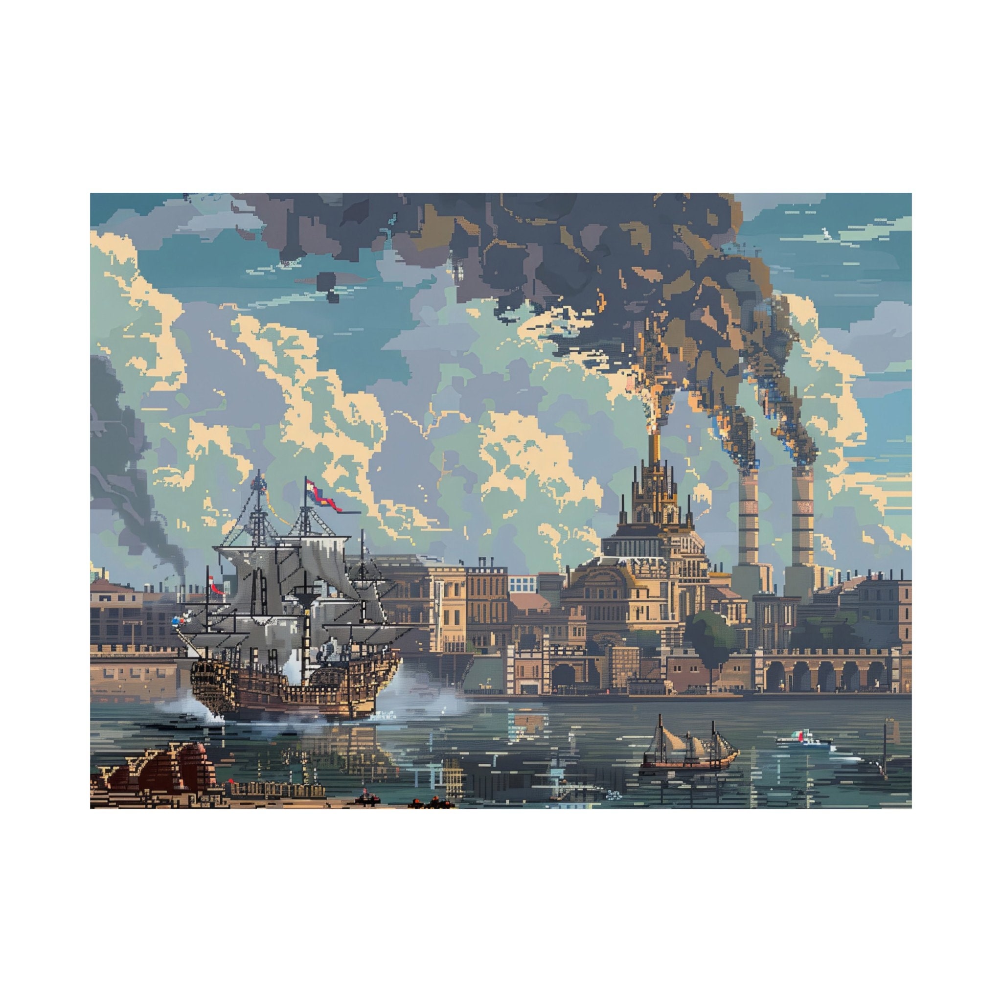 Historic Ship Pixel Art Harbor Poster Retro Style Seaport Cityscape Art ...