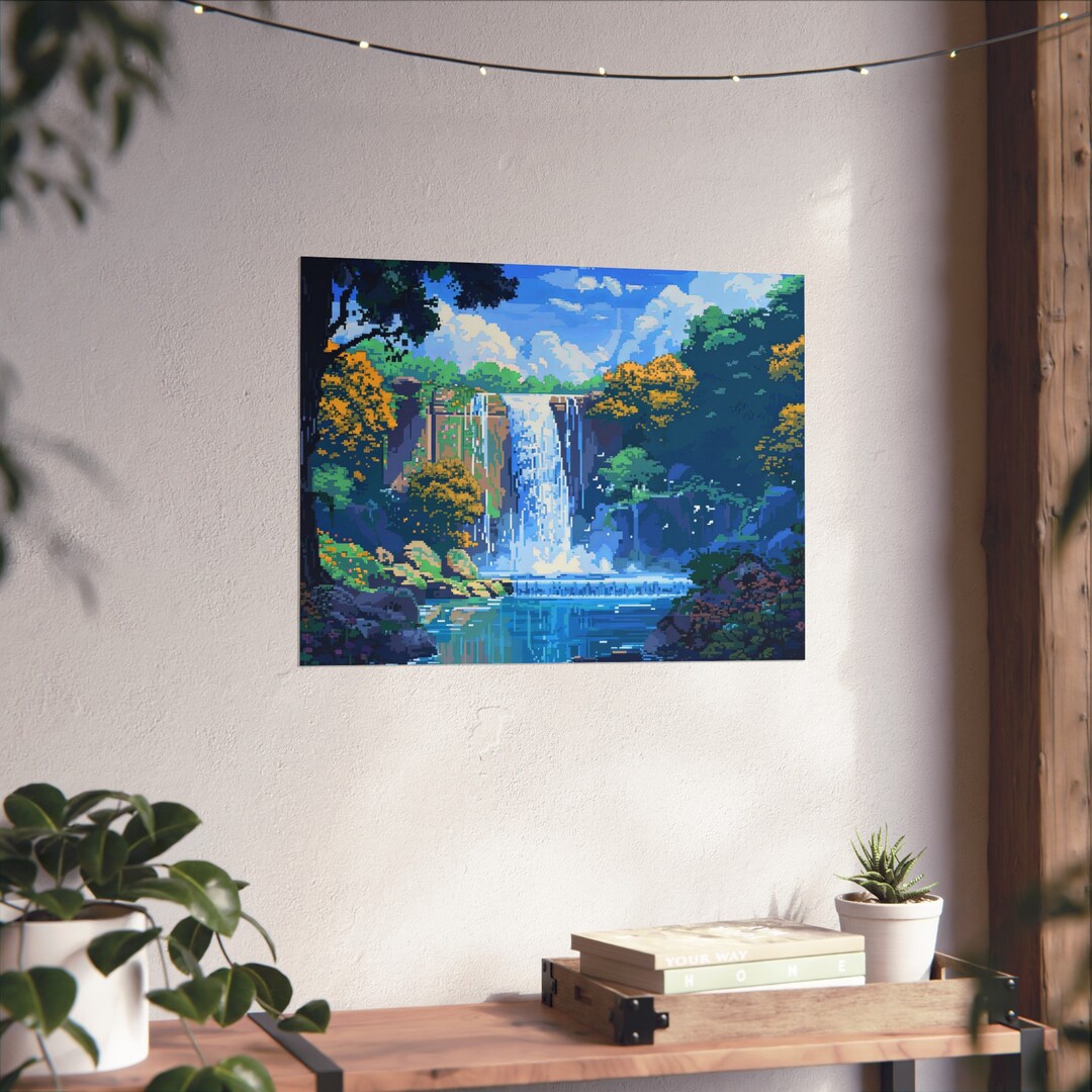 Pixelated Waterfall Oasis Poster Classic 8-bit Natural Landscape Art ...