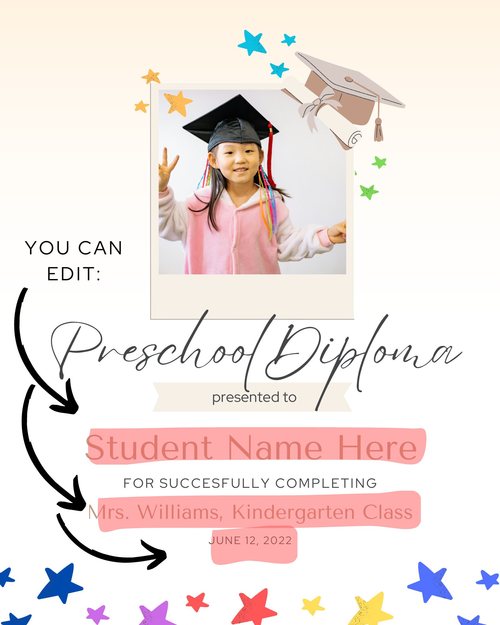 Editable Canva Preschool Diploma With Photo Customizable Graduation ...