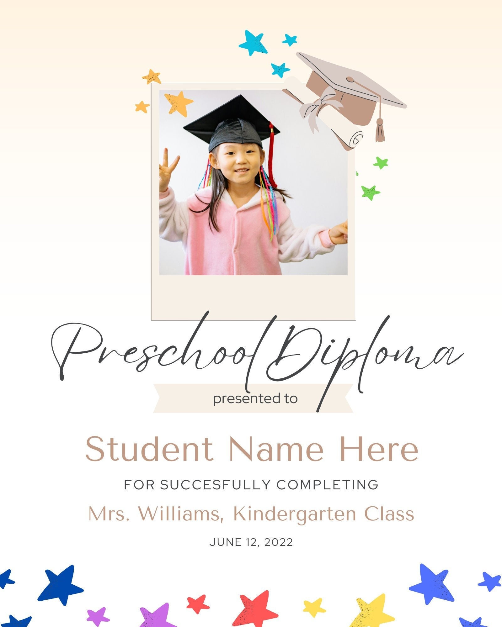 Editable Canva Preschool Diploma With Photo Customizable Graduation ...