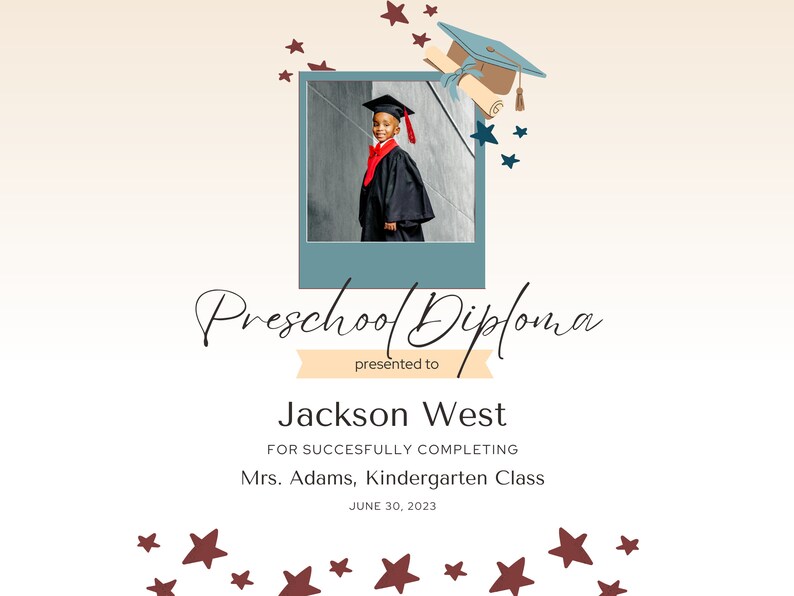 Editable Canva Preschool Diploma With Photo - Customizable Graduation ...