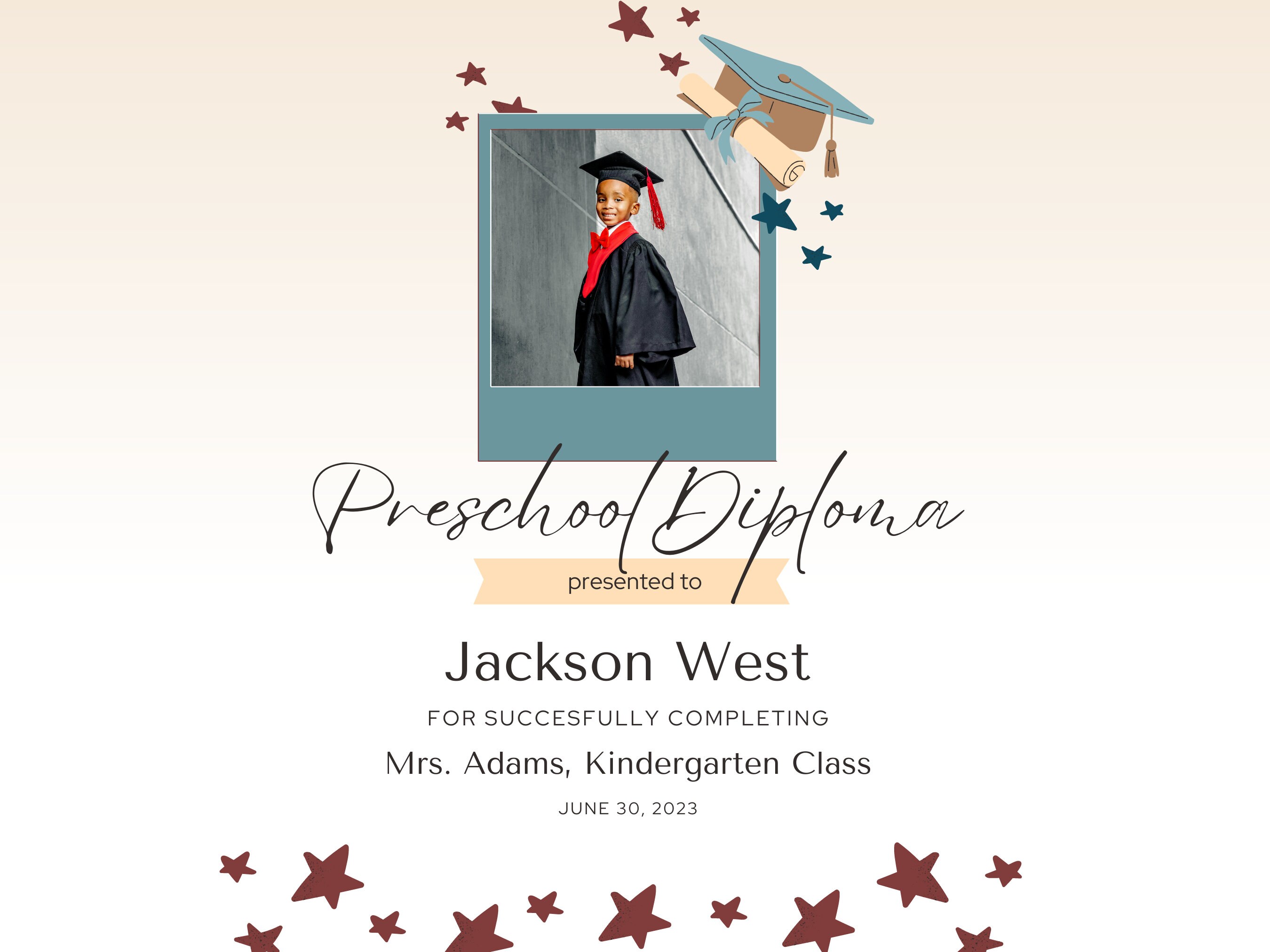 Editable Canva Preschool Diploma With Photo - Customizable Graduation ...