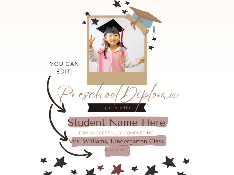 Editable Canva Preschool Diploma With Photo - Customizable Graduation ...