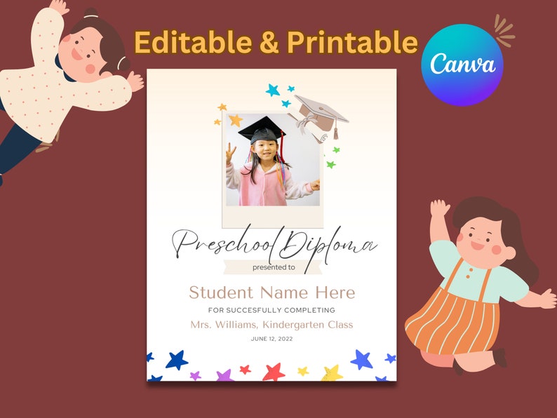 Editable Canva Preschool Diploma With Photo - Customizable Graduation ...