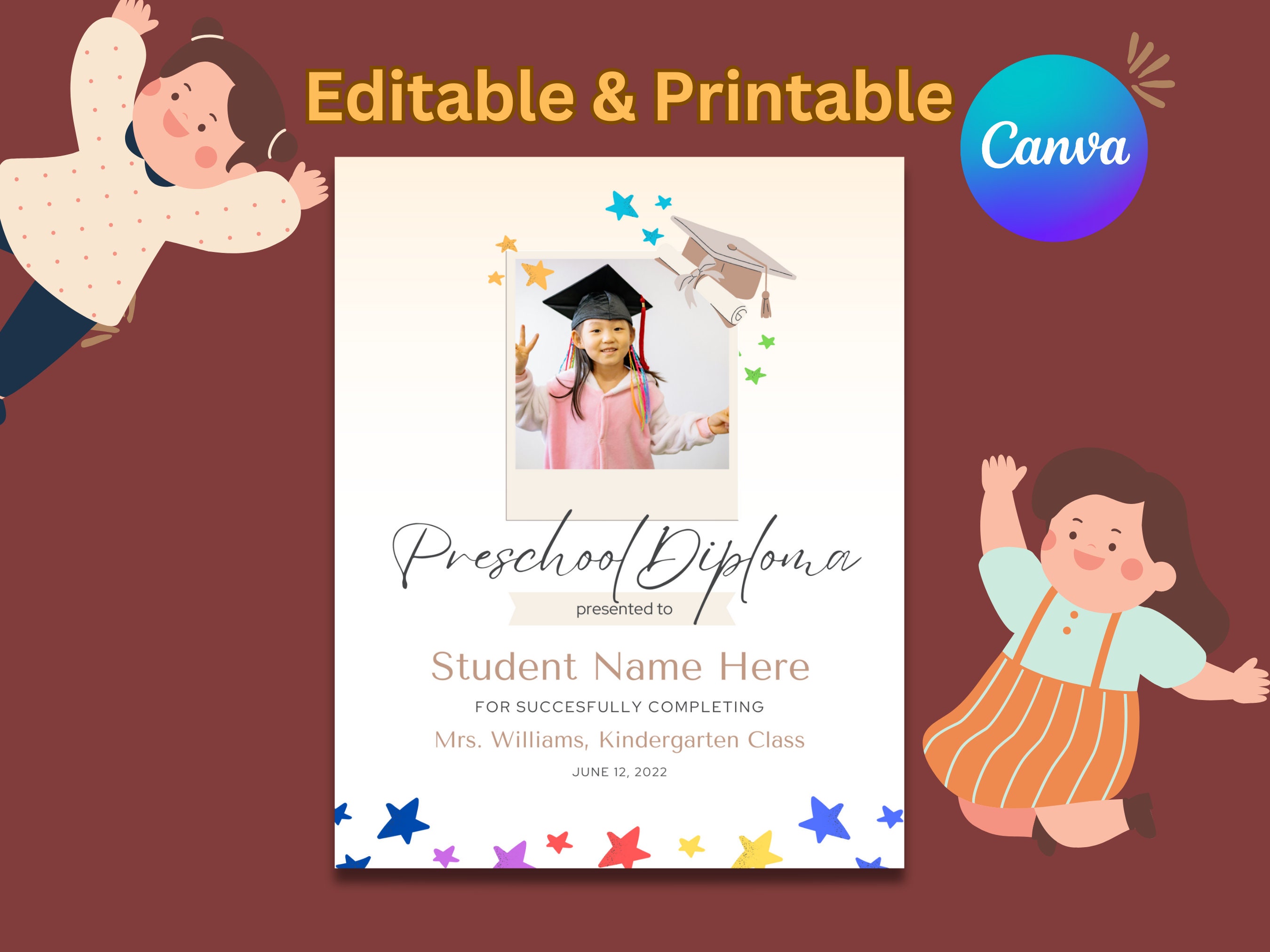 Editable Canva Preschool Diploma With Photo Customizable Graduation ...
