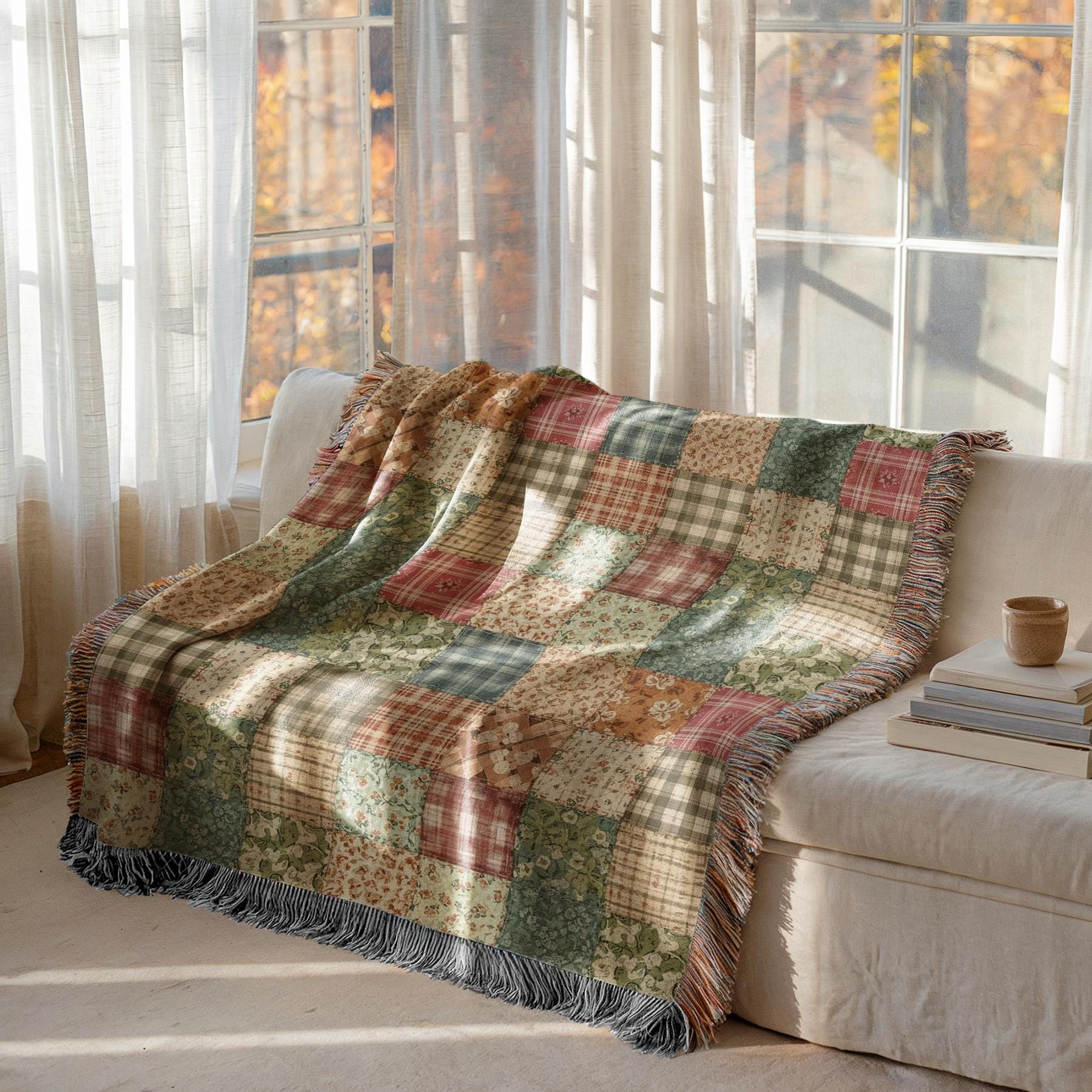 Farmhouse Patchwork Woven Blanket, Shabby Chic Cottagecore Throw ...