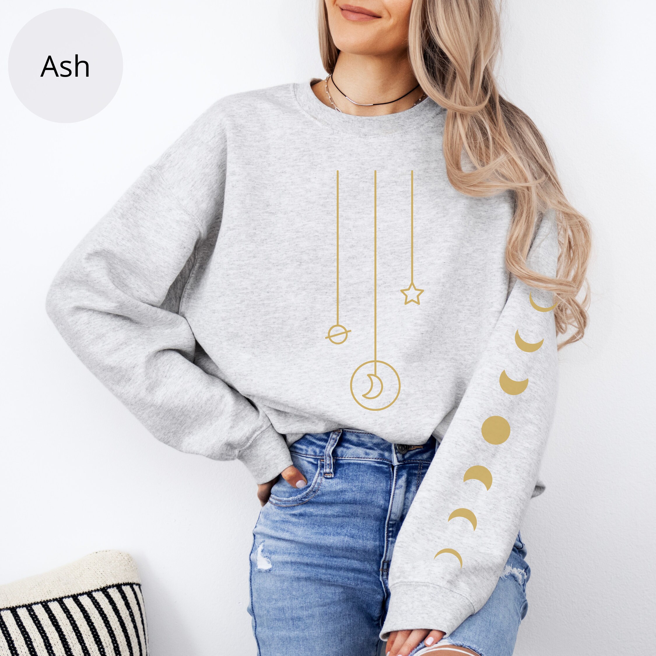 Moon Phases Sweatshirt Sleeve Design, Mystic Moon Sweater, Golden Moon ...