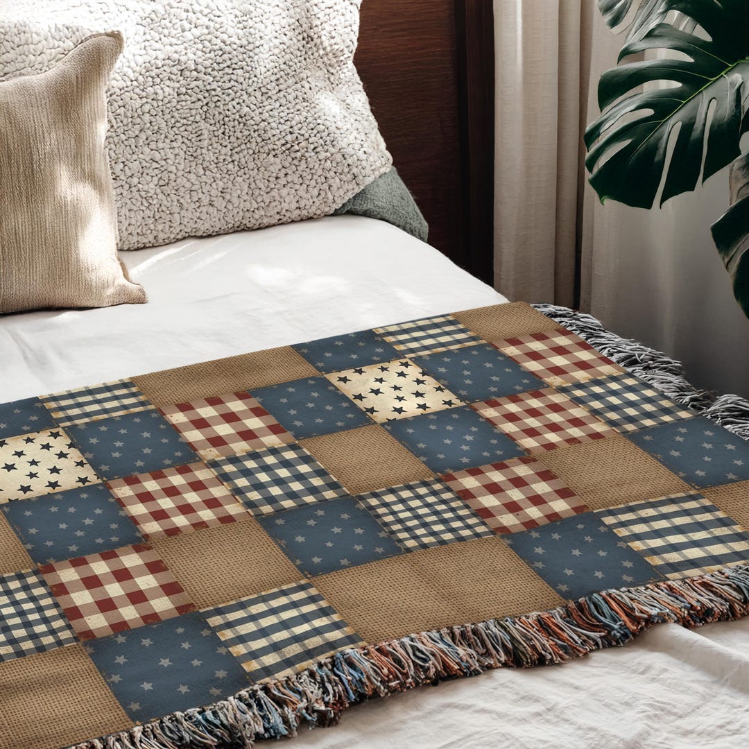 Farmhouse Patchwork Woven Blanket, Shabby Chic Cottagecore Throw ...