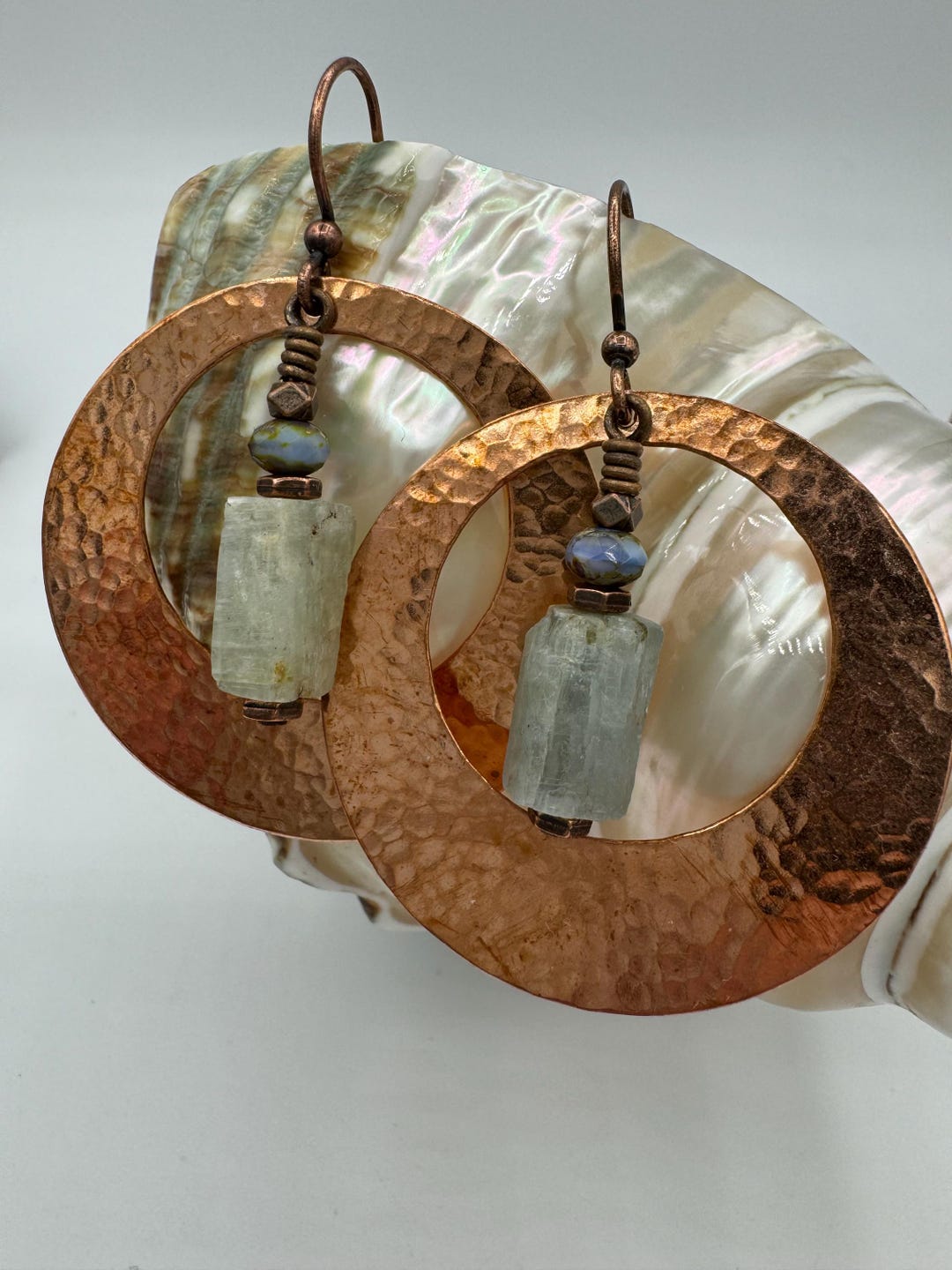 Hammered Copper Hoop Earrings With Pale Green Crystal and Czech Glass ...