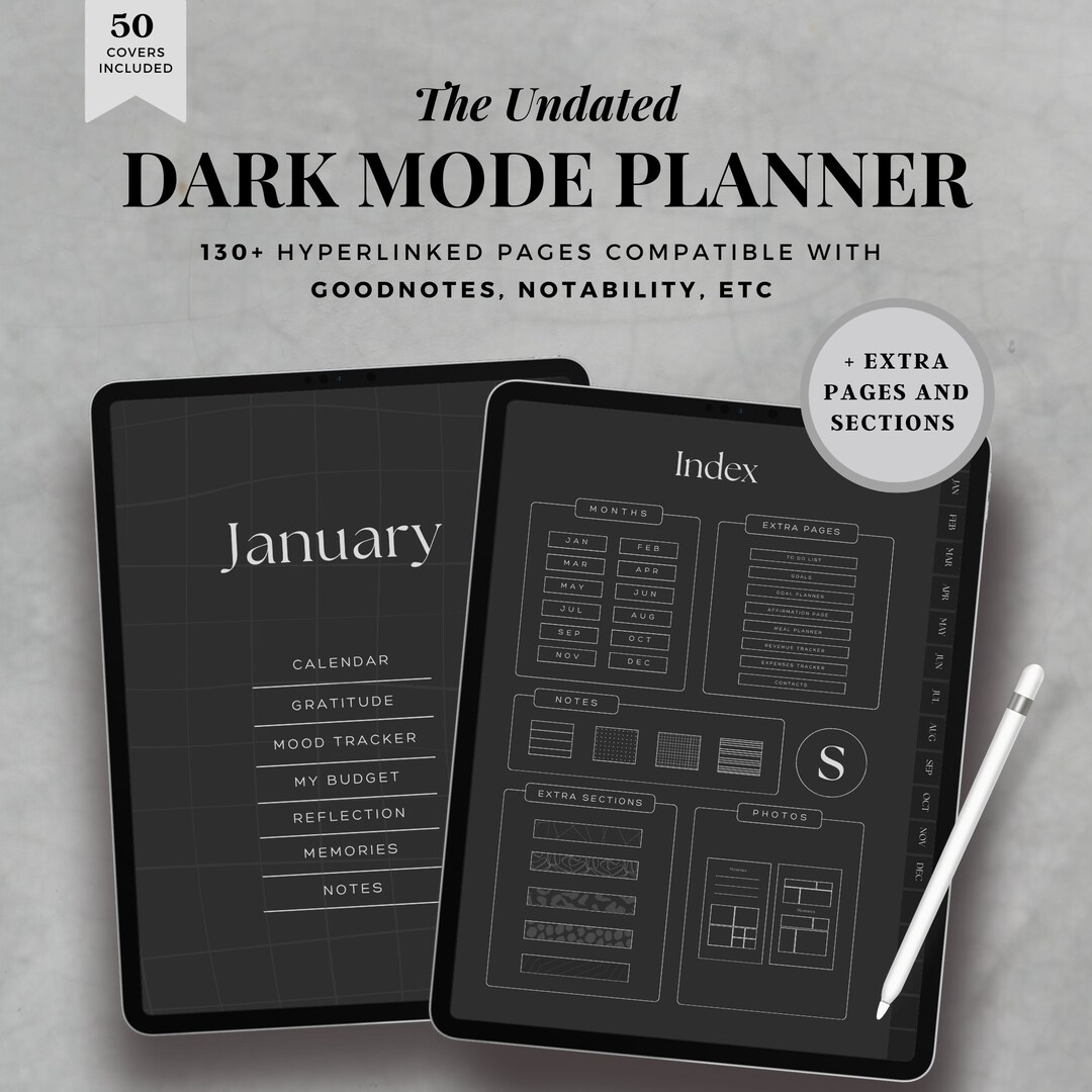 Goodnotes Undated Digital Planner, Dark Mode iPad Planner, Minimalist ...