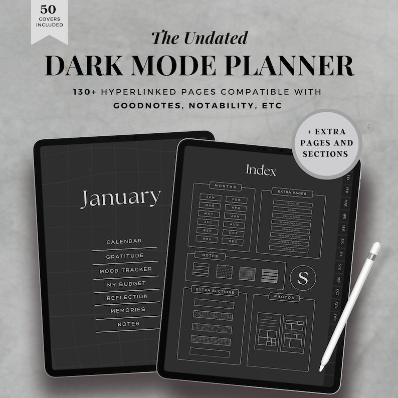 Goodnotes Undated Digital Planner, Dark Mode iPad Planner, Minimalist ...