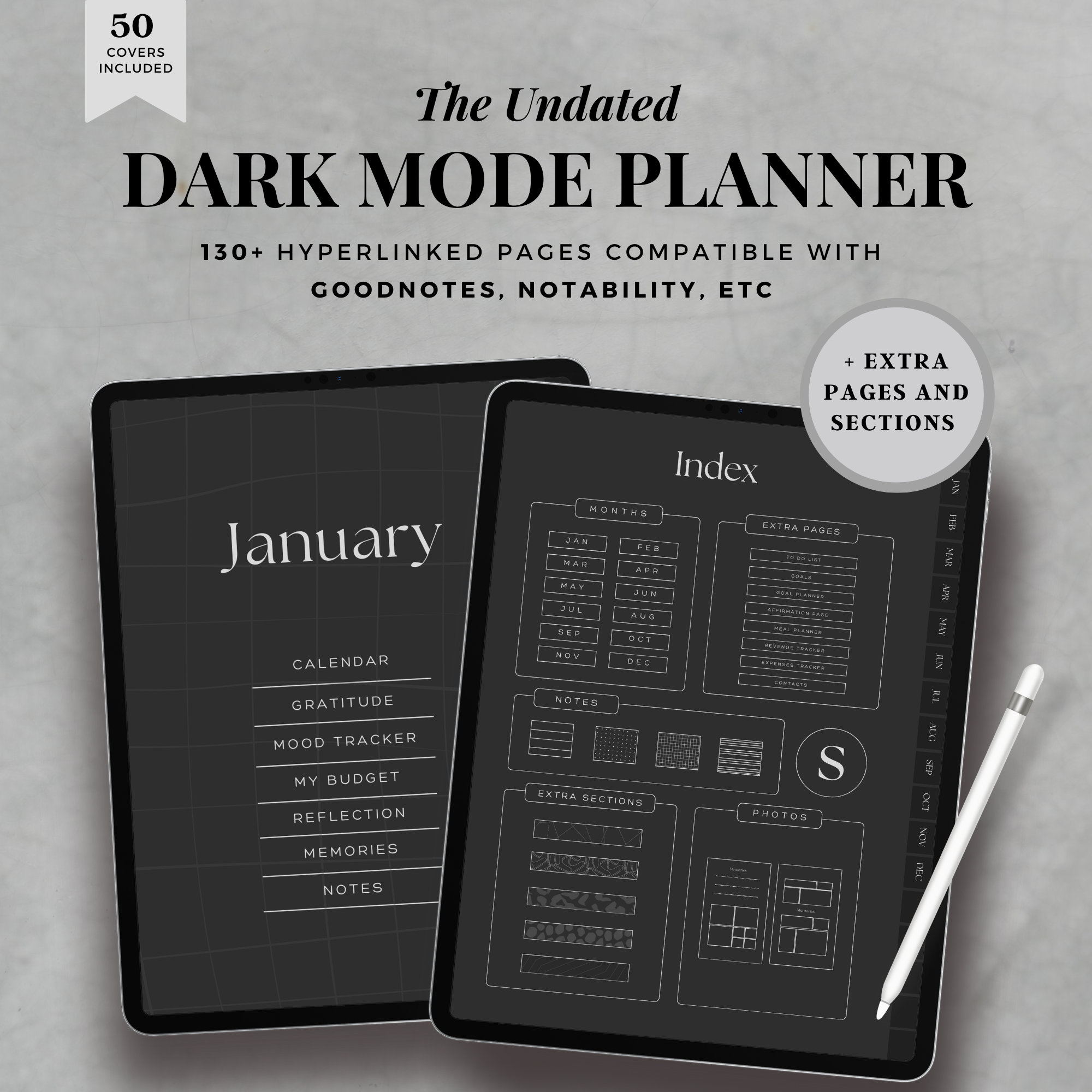 Goodnotes Undated Digital Planner, Dark Mode iPad Planner, Minimalist ...