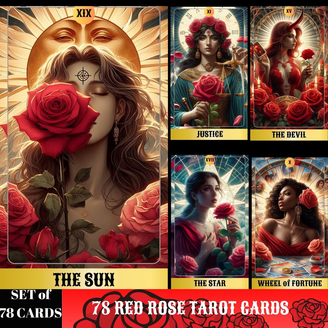 78 Tarot Cards Deck, Red Rose Tarot Cards, Printable Oracle Deck, Digital Tarot Deck, Tarot Deck ...