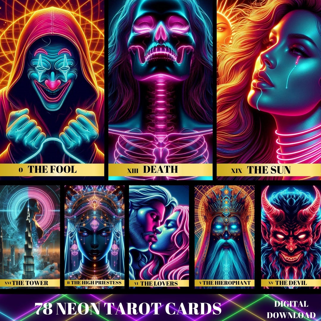 78 Tarot Cards Deck, Neon Tarot Cards, Digital Printable Tarot Cards ...