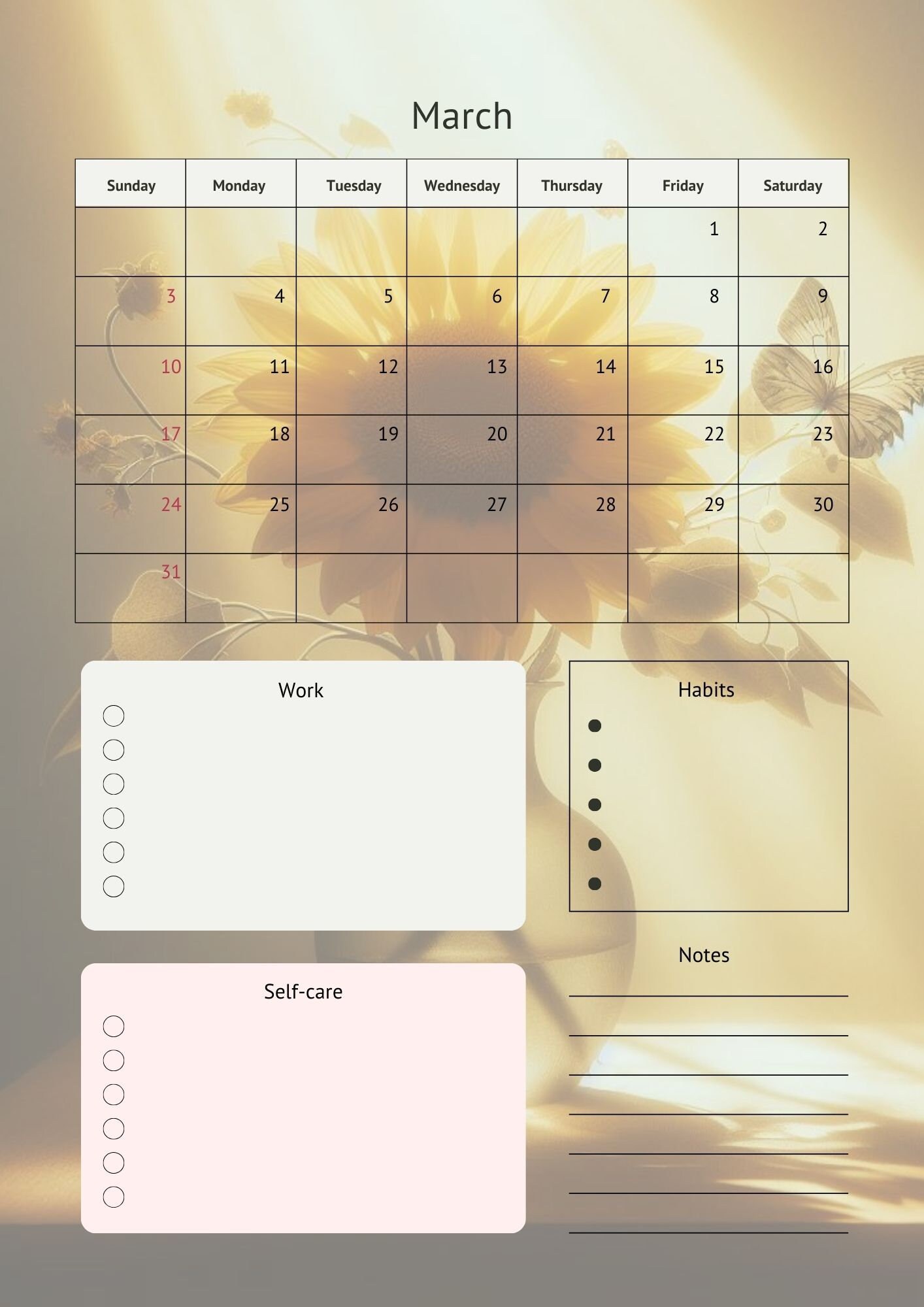 Printable Sunflower 2024 Planner Minimalist Yearly Calendar, Daily ...