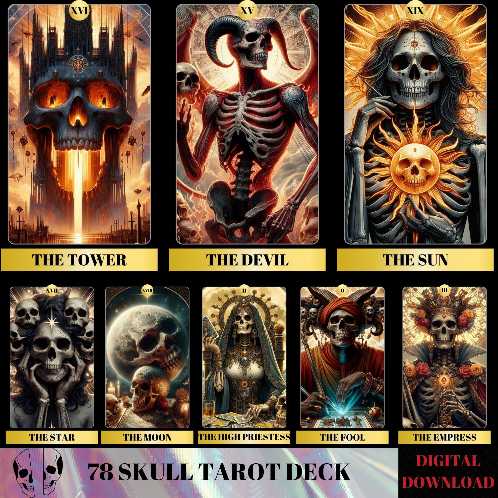 78 Tarot Cards Deck, Skull Tarot Cards, Printable Tarot Deck, Tarot ...
