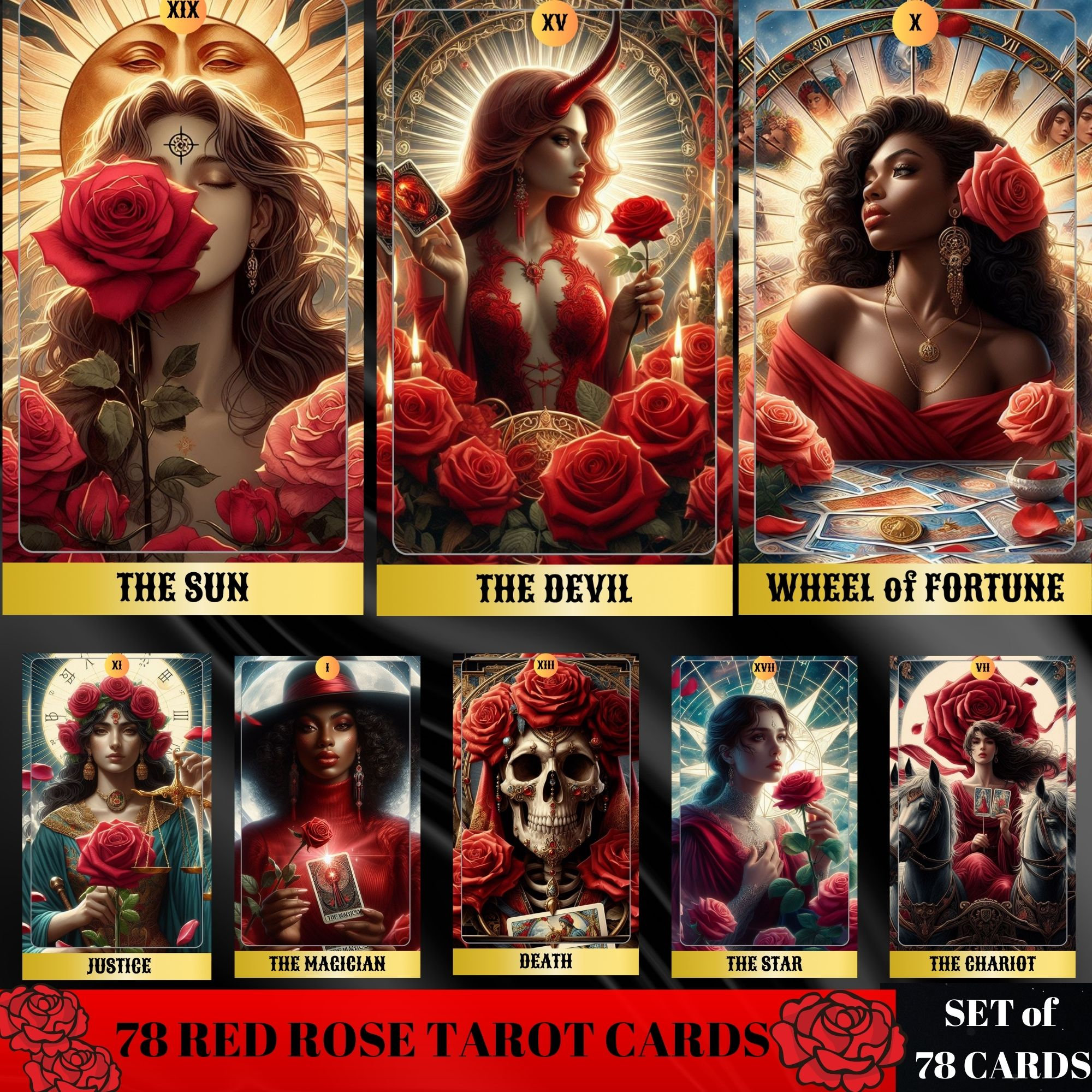 78 Tarot Cards Deck, Red Rose Tarot Cards, Printable Oracle Deck, Digital Tarot Deck, Tarot Deck ...