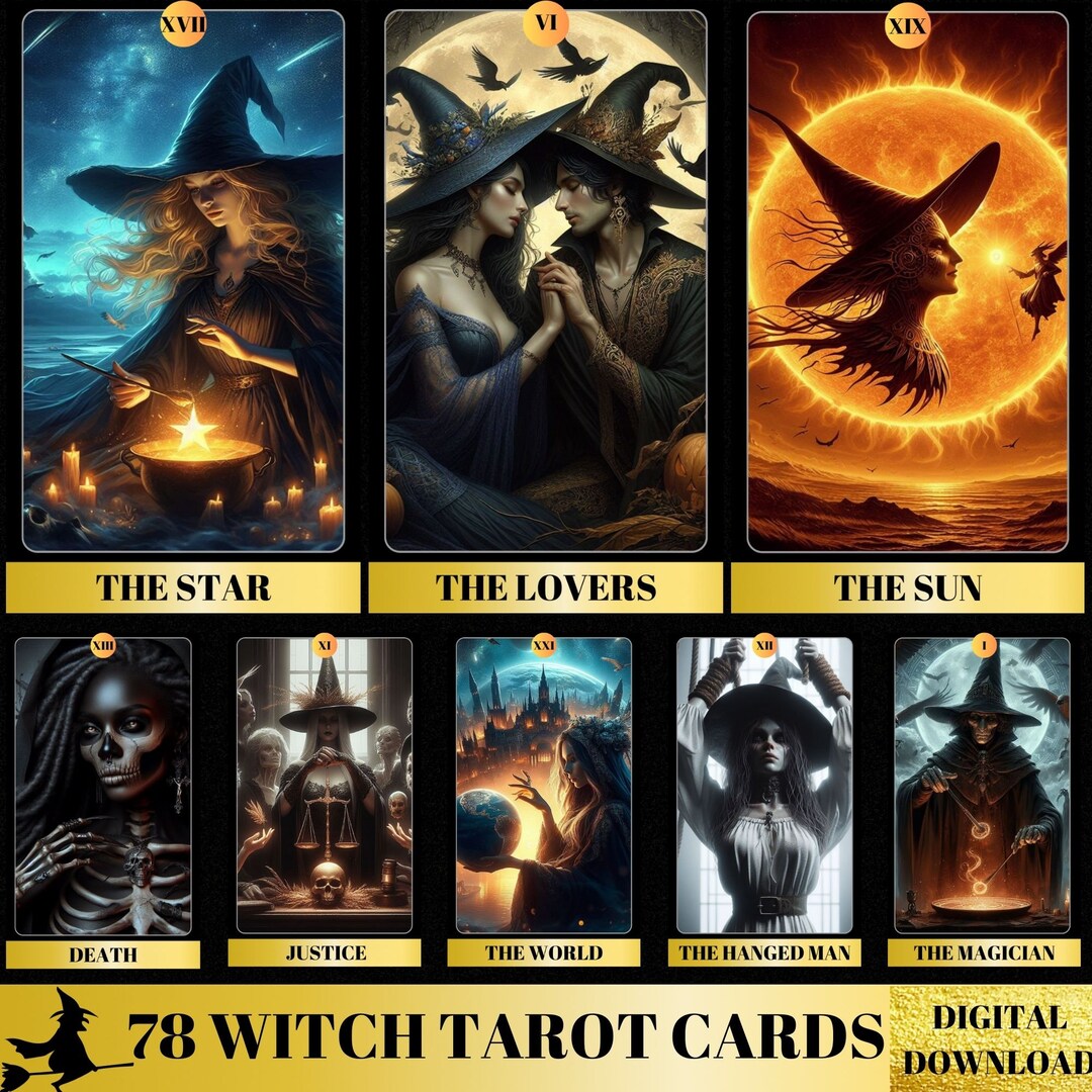 78 Tarot Cards Deck, 78 Witch Theme Tarot Cards, Printable Tarot Deck ...