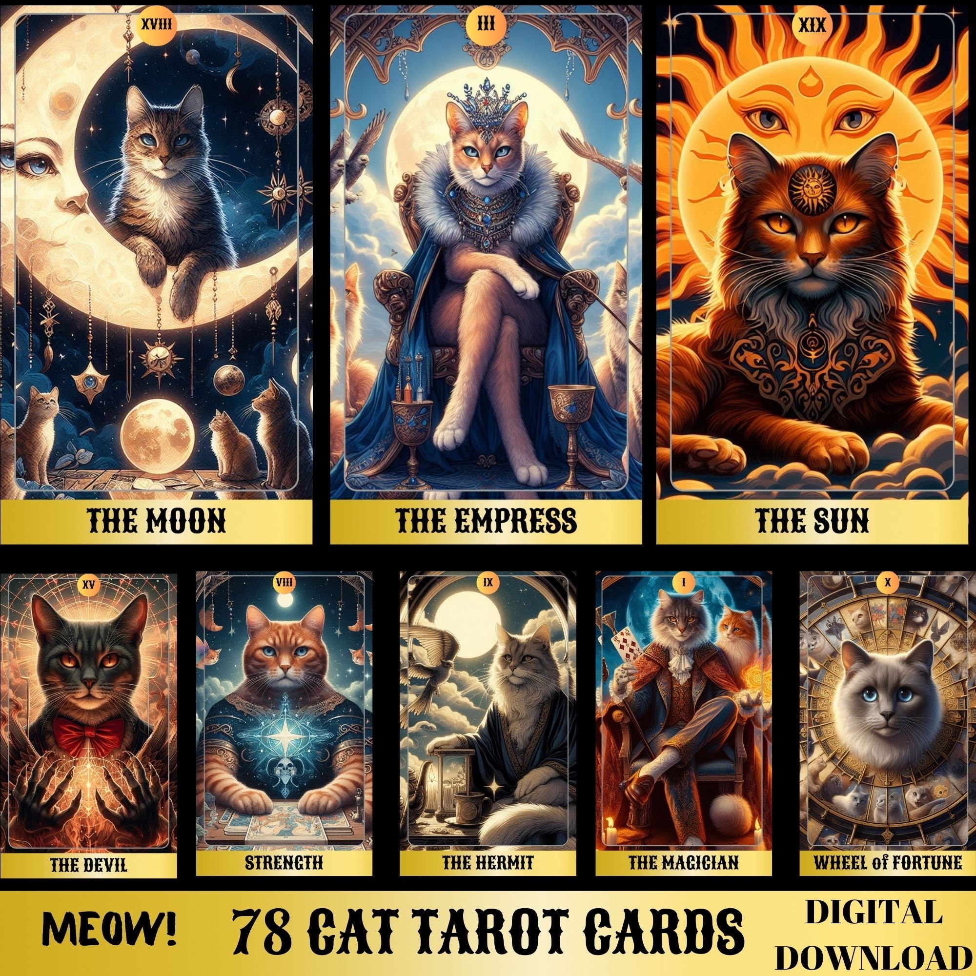 78 Tarot Cards Deck, Printable 78 Cat Tarot Cards, Printable Tarot Deck ...
