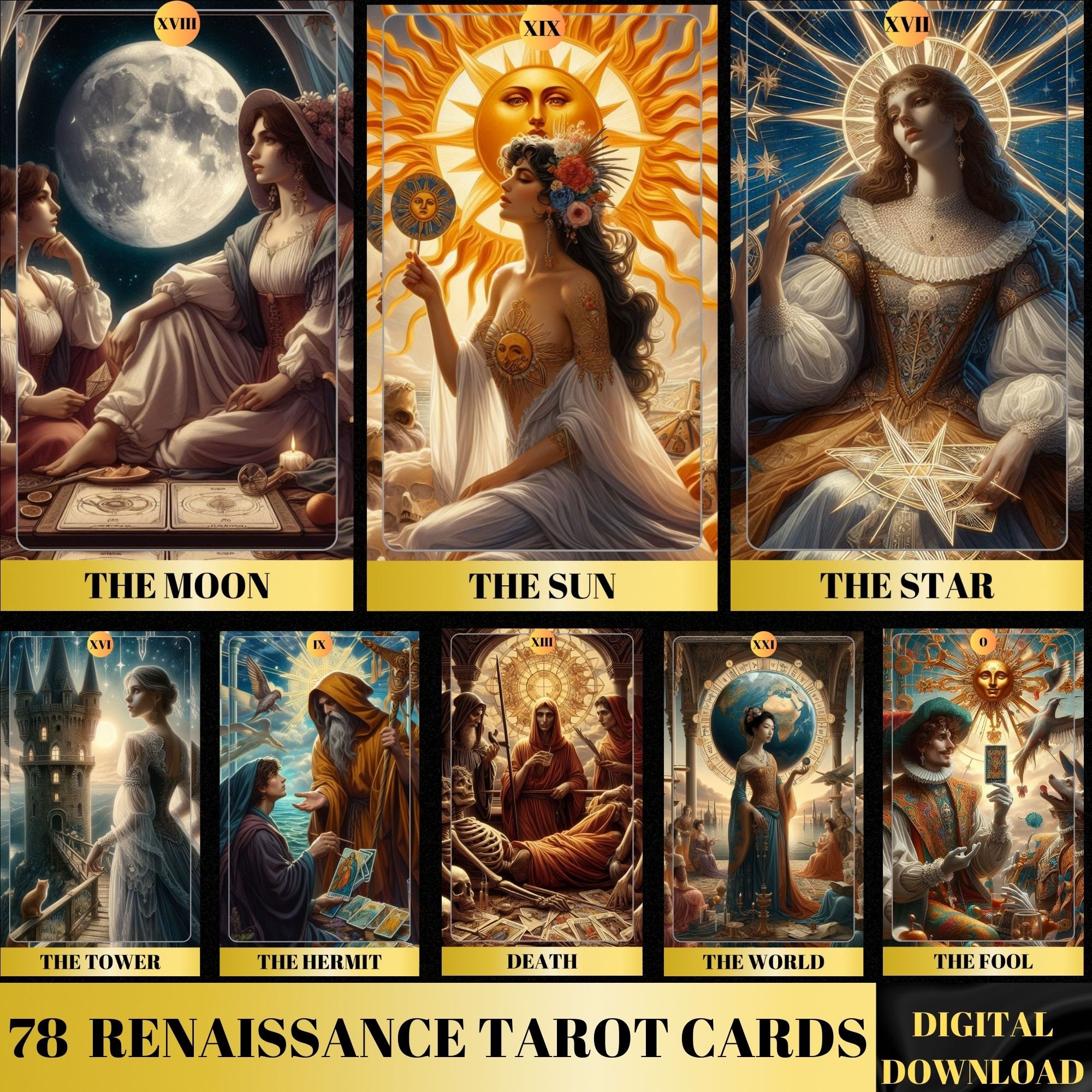 78 Tarot Cards Deck, Renaissance Theme 78 Tarot Cards, Printable Oracle ...