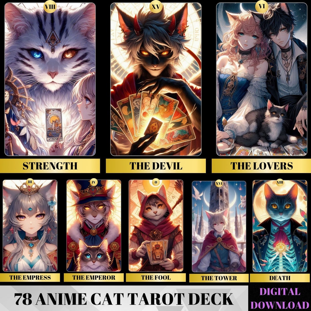 78 Tarot Cards Deck, Printable 78 Anime Cat Tarot Cards - Cute Feline ...