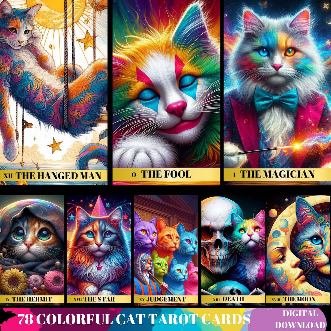 78 Tarot Cards Deck, 78 Colorful Cat Tarot Cards, Printable Tarot Deck ...