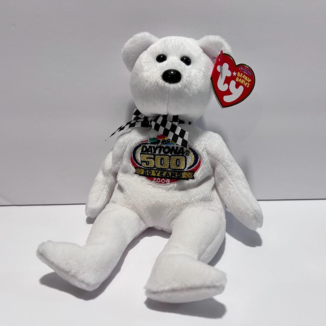 TY Beanie Baby RACING GOLD the Nascar Bear White Version Daytona 500 ...