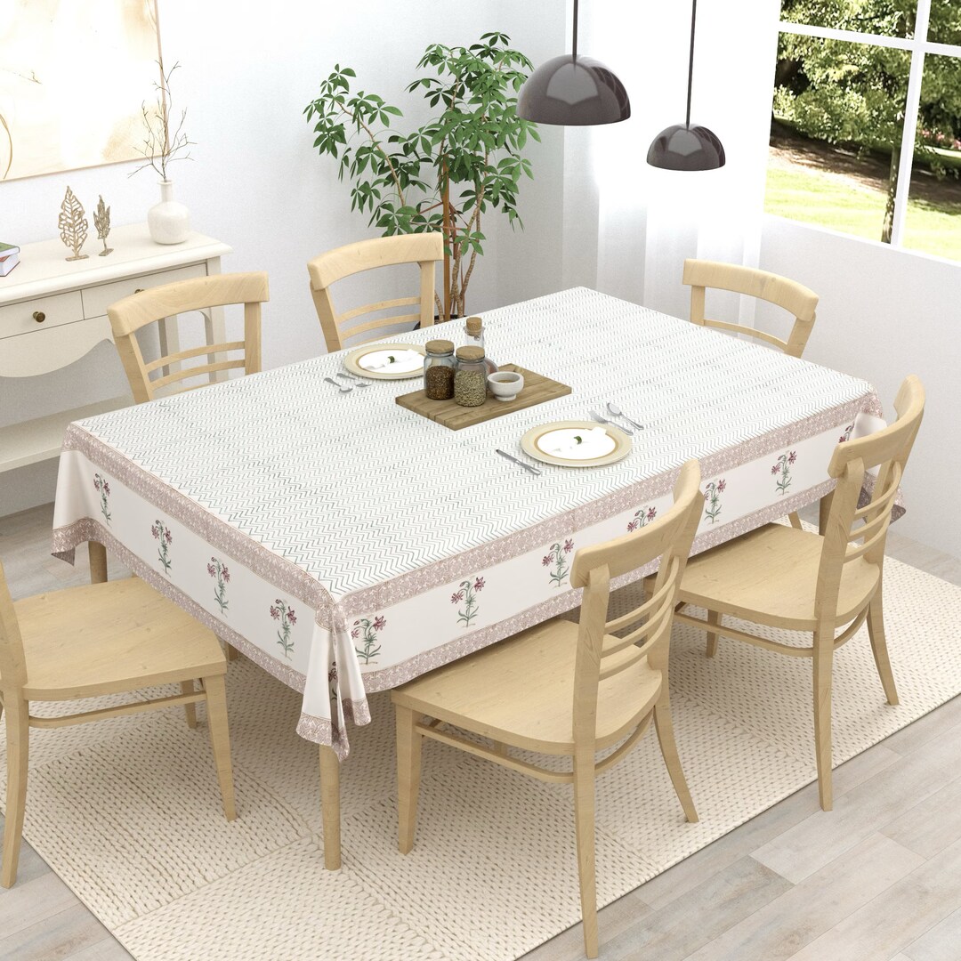 Floral and Geometrical Block Print Tablecloth, Thick Cotton Floral ...