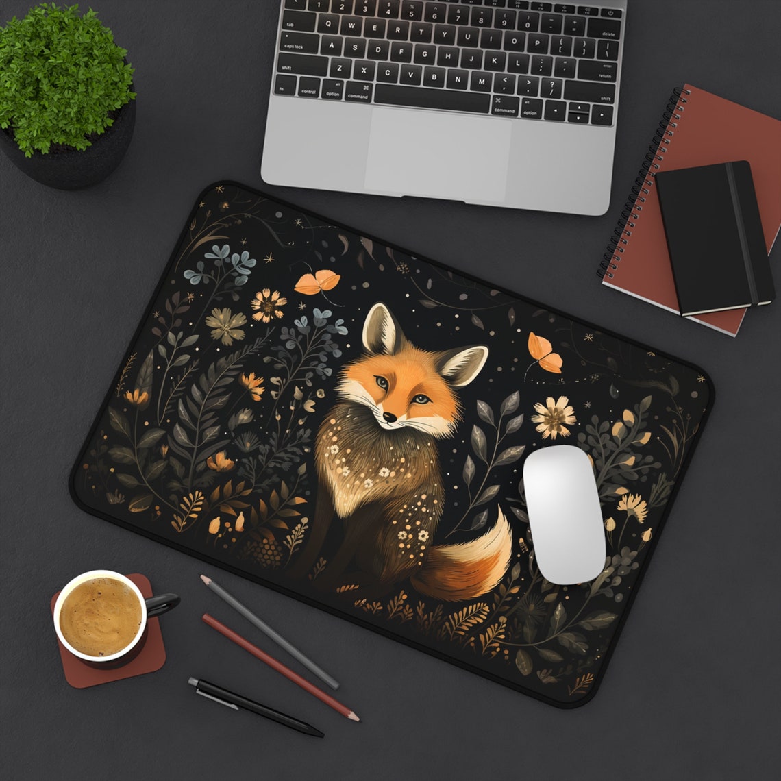 Dark Cottagecore Fox Mat, Fox Desk Mat, Botanical Fox Mouse Pad ...
