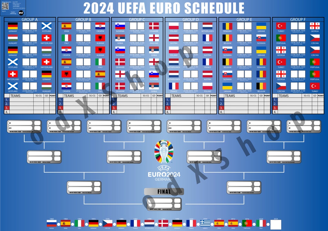 Euro 2024 Fillable Poster Schedule Wallchart DIGITAL VERSION CEST gmt2 ...