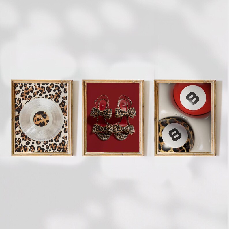 Set of 3 Red Leopard Wall Art Digital Posters Print Lucky 8 Balls ...