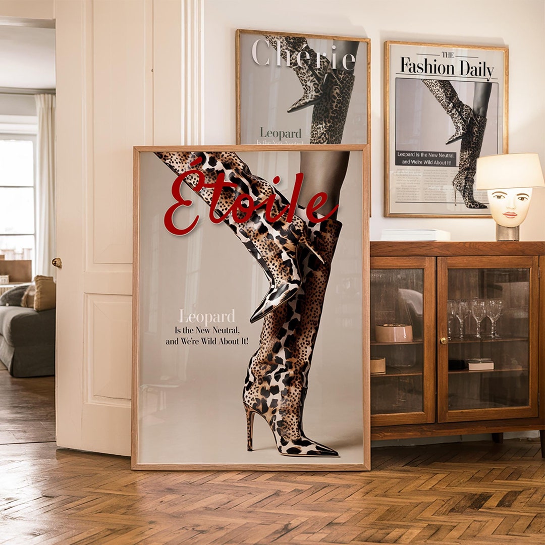 Trendy Newspaper Print Vintage Leopard Boots Poster Retro Bar Cart ...