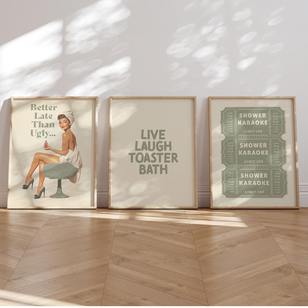 Set of 3 Cream Sage Green Bathroom Wall Art Prints 70s Retro Funny ...