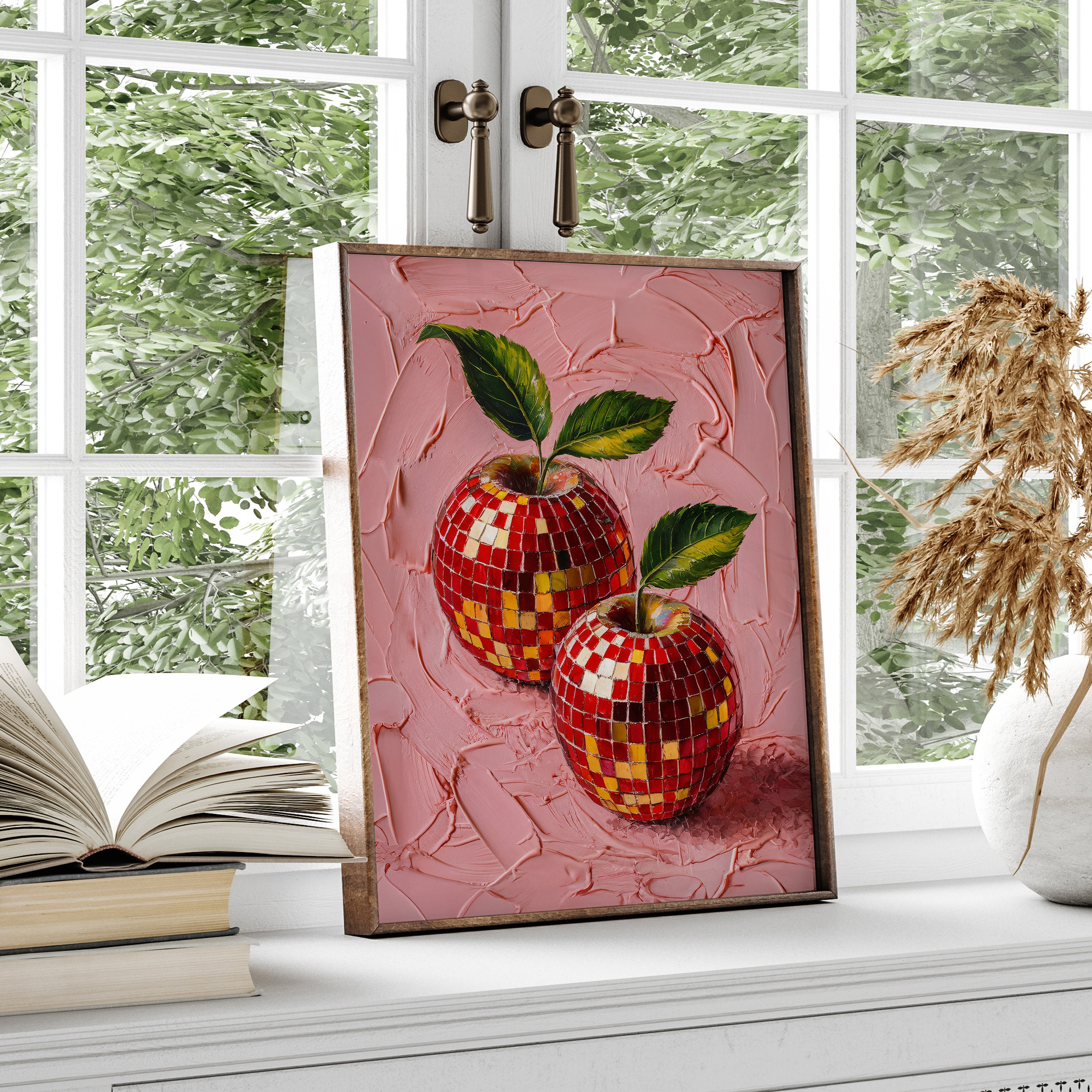 Printable Disco Ball Apples Art Retro Wall Art Funky Kitchen Decor Pink ...