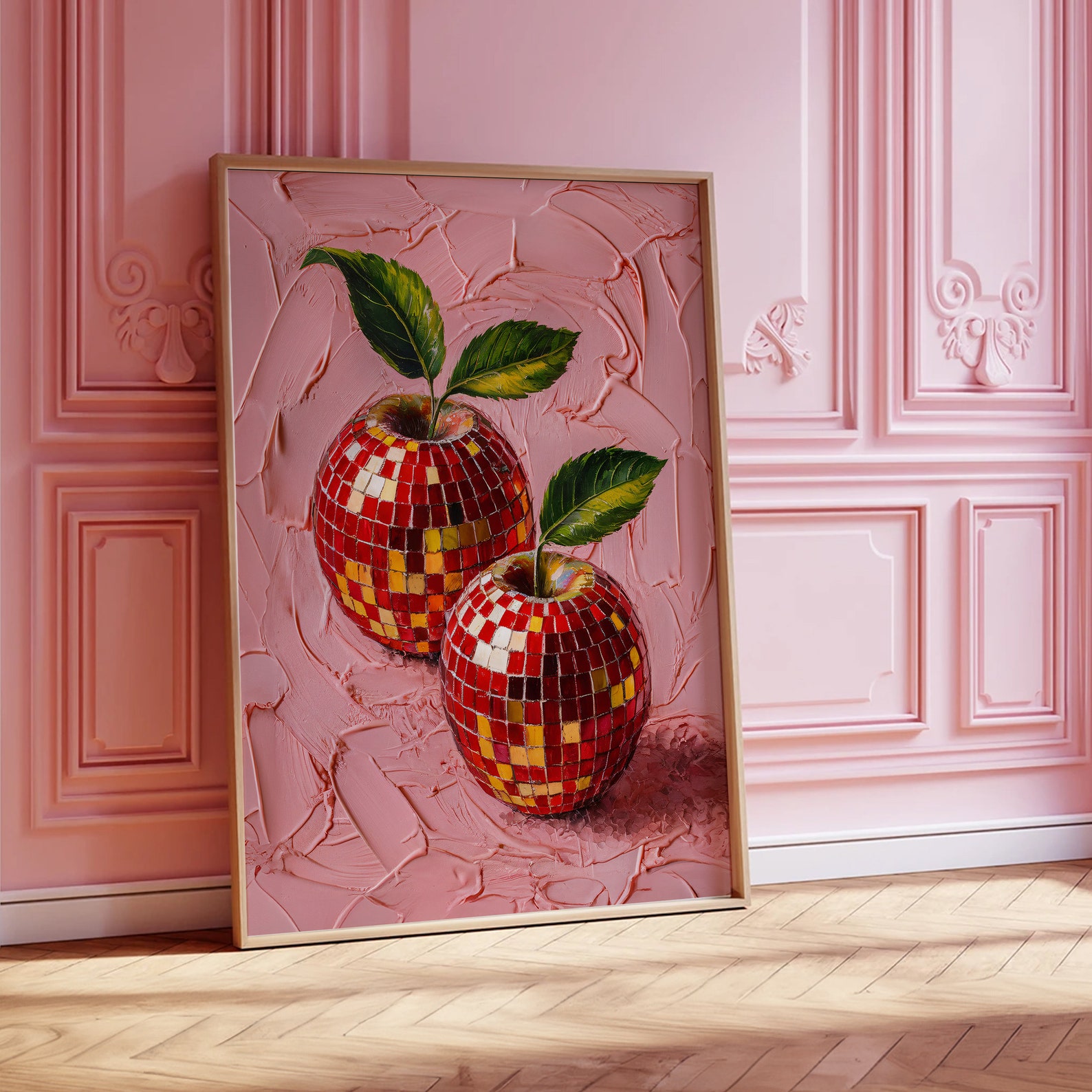 Printable Disco Ball Apples Art Retro Wall Art Funky Kitchen Decor Pink Abstract Fruit Painting ...