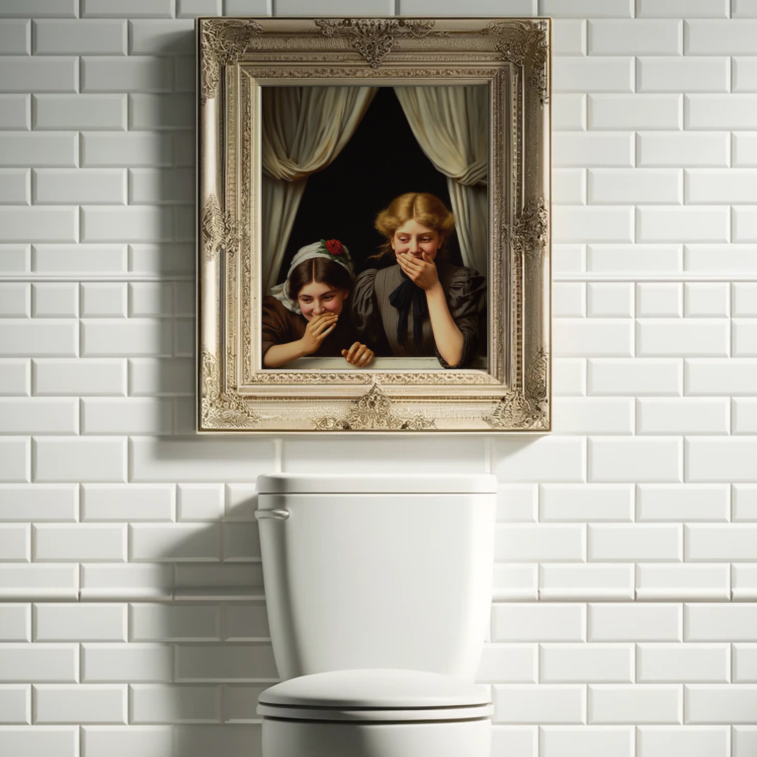 Bathroom Wall Art Funny Two Women Laughing at Fart, Vintage Prank Extra ...