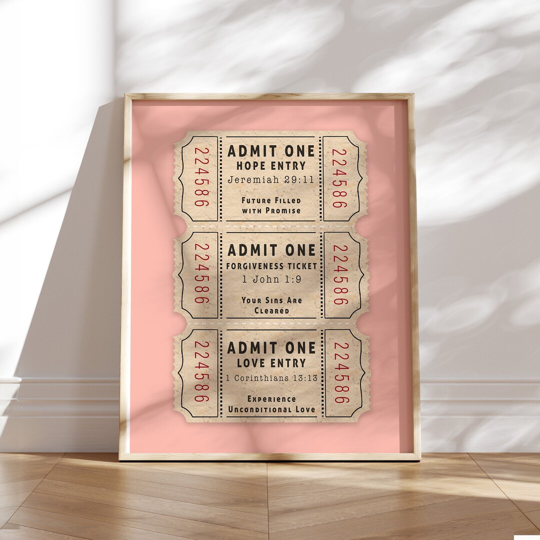 Christian Wall Art Ticket Print Admit One Funny Cool Scripture Artwork Retro Boho Cream Trendy ...