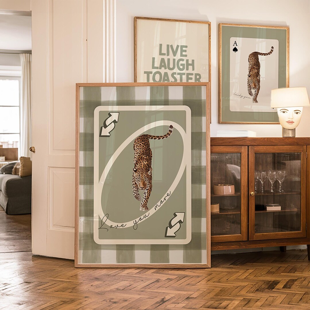 Retro Love You More Uno Card Print Checkered Wall Art Leopard Lime ...