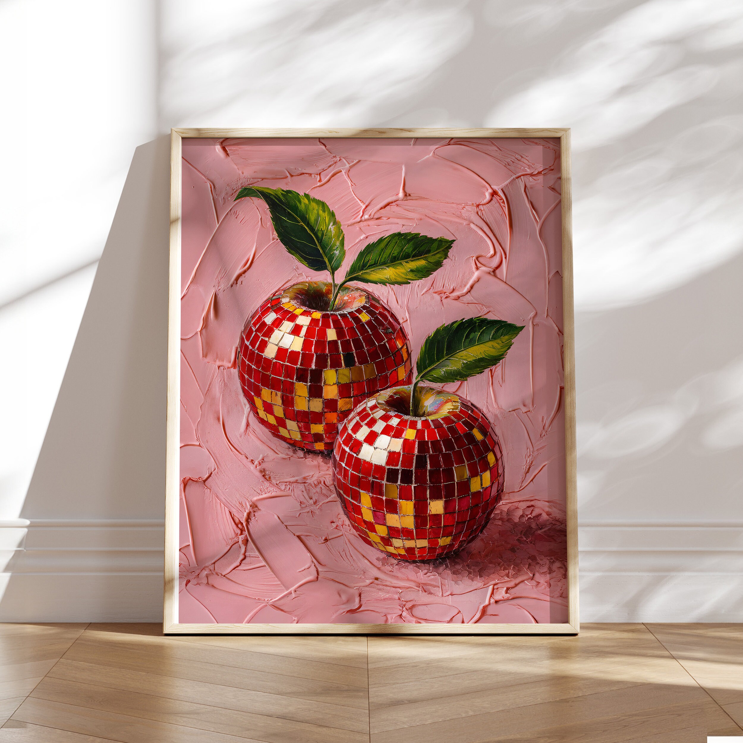Printable Disco Ball Apples Art Retro Wall Art Funky Kitchen Decor Pink ...