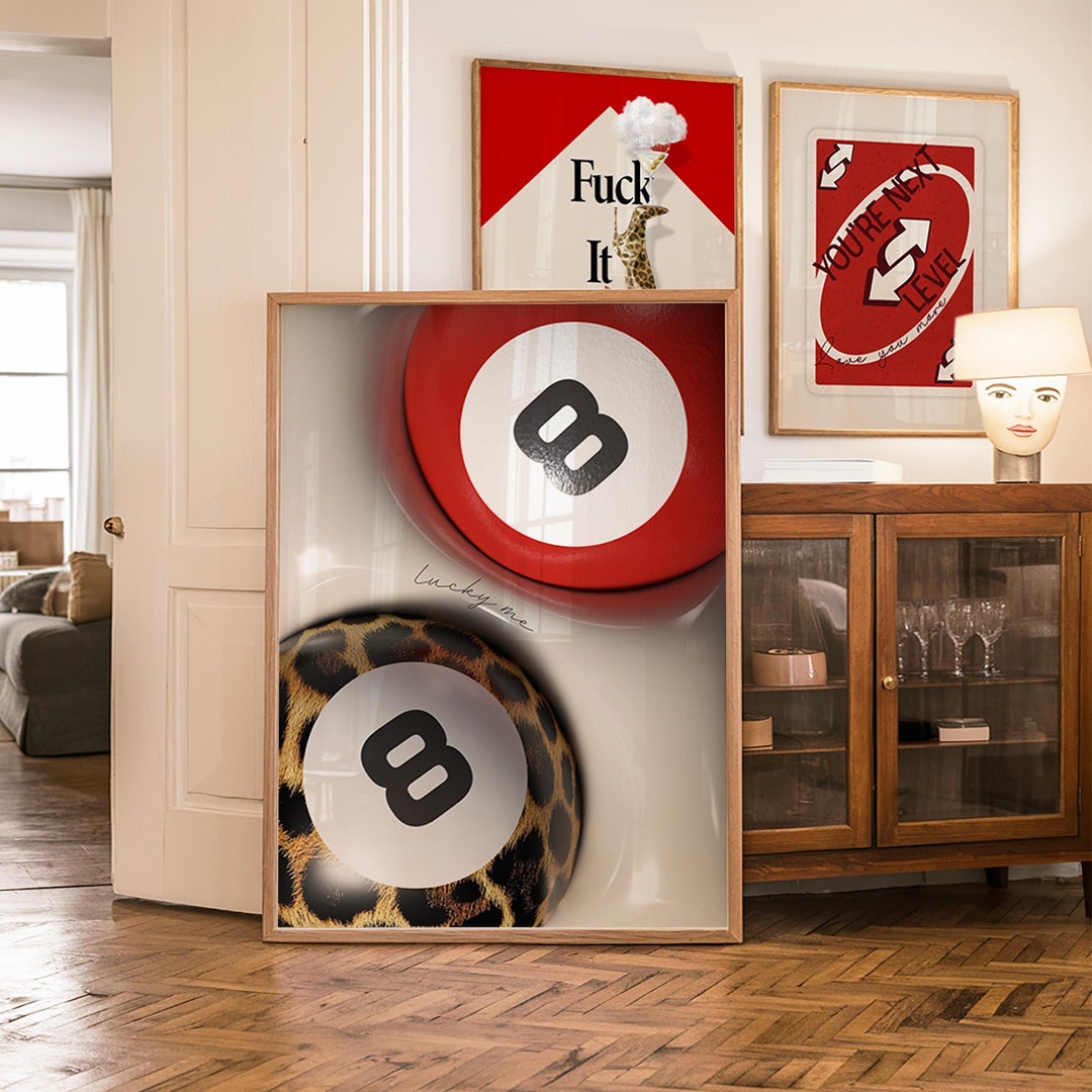 8 Ball Leopard Print Lucky Me Red Wall Art Beige Pool Balls Poster ...