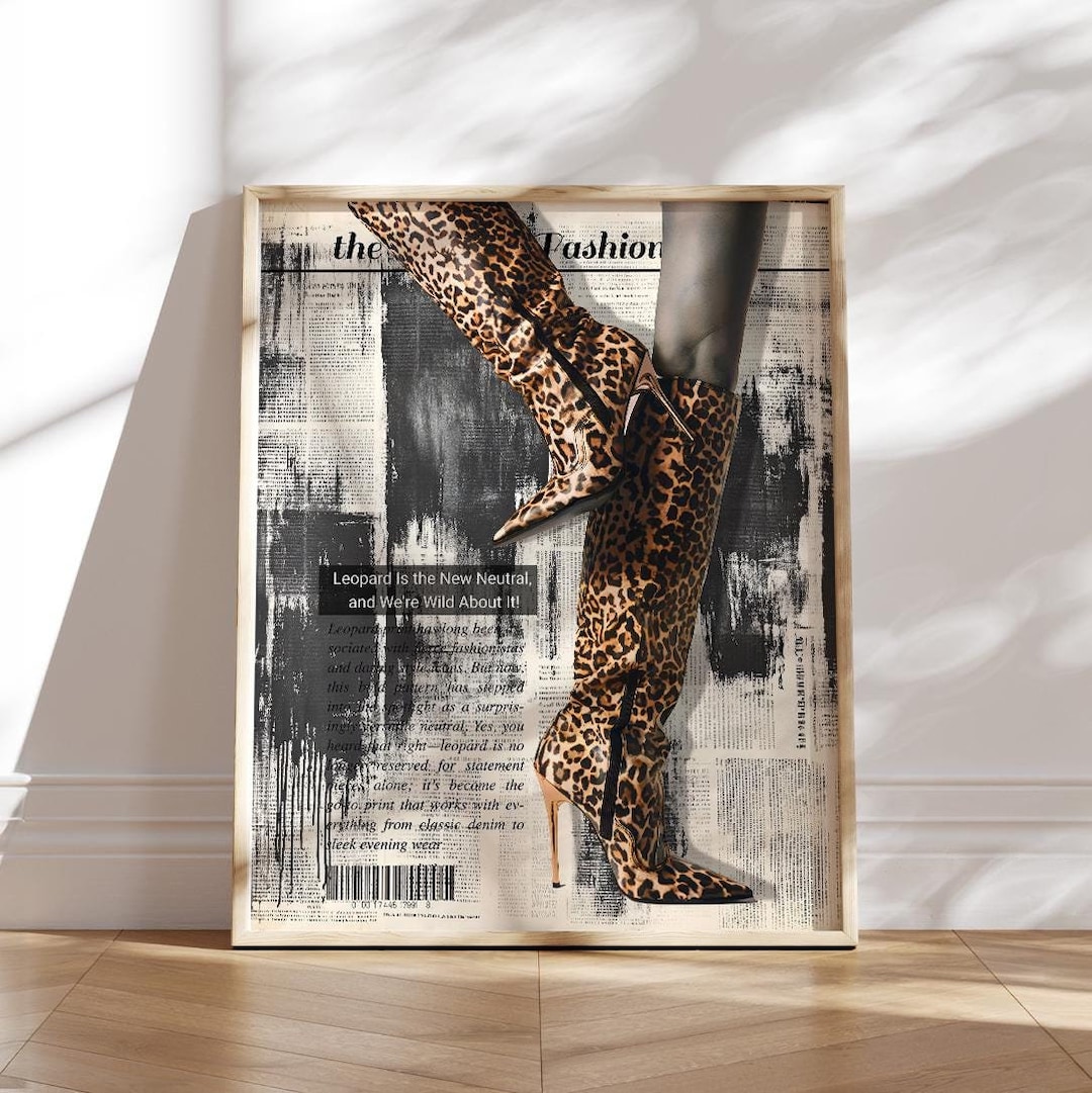 Trendy Newspaper Print, Vintage Leopard Boots Poster, Retro Bar Cart ...