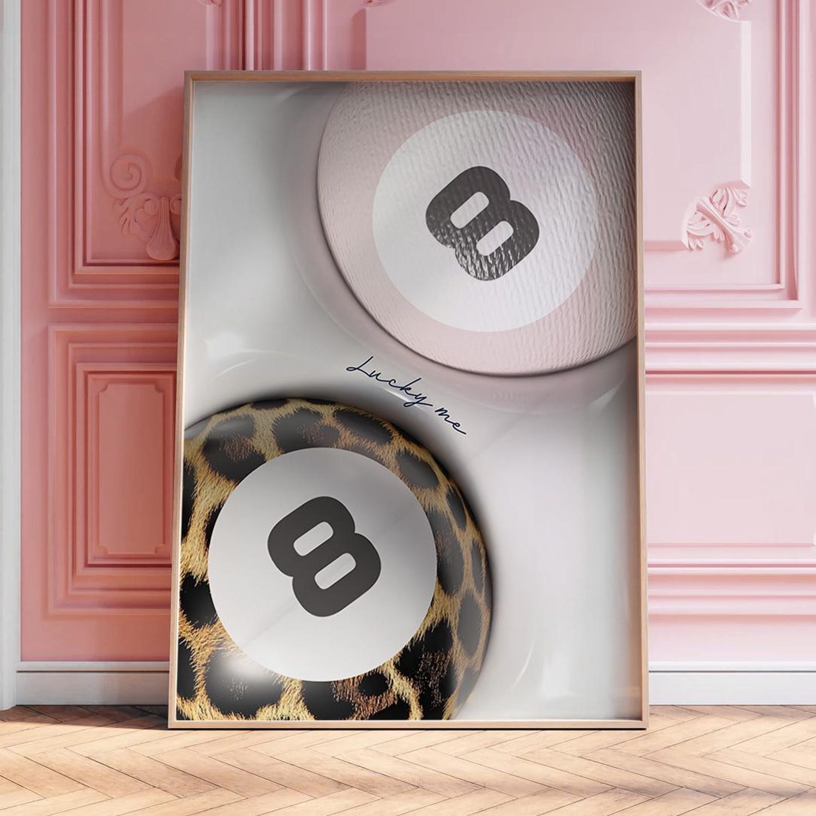 8 Ball Leopard Print Lucky Me Pink Wall Art Pool Balls Poster Retro ...