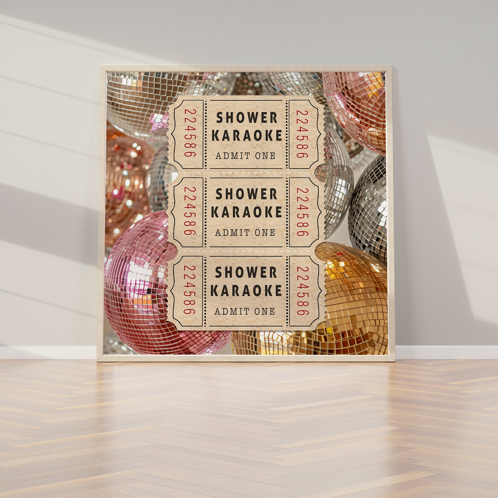 Shower Karaoke Ticket Print Bathroom Funny Wall Art Disco Balls Silver ...