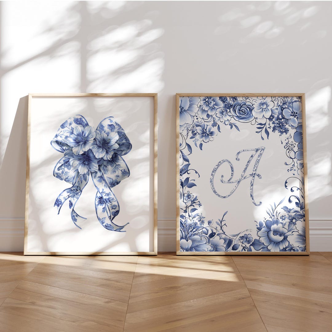 Delft Blue Monogram Print Personalized Wall Art Coquette Bow Coastal ...