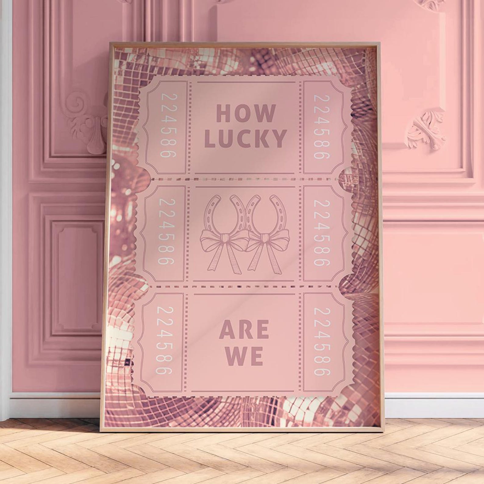 How Lucky Are We Peach Pink Print Tickets Cute Girly Wall Art Disco ...