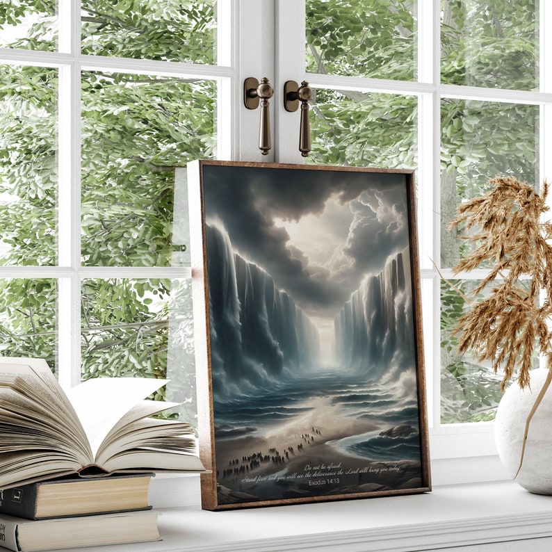 Moses Parting the Red Sea Inspirational Bible Verse Art, Exodus 14:13 ...