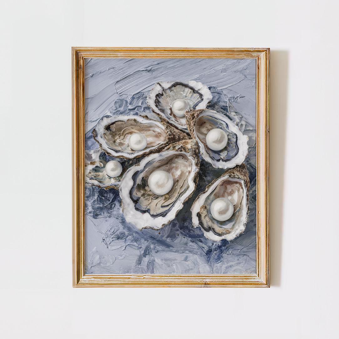 Set of 3 Light Blue Costal Wall Art Oyster Seashell Prints Chinoiserie ...